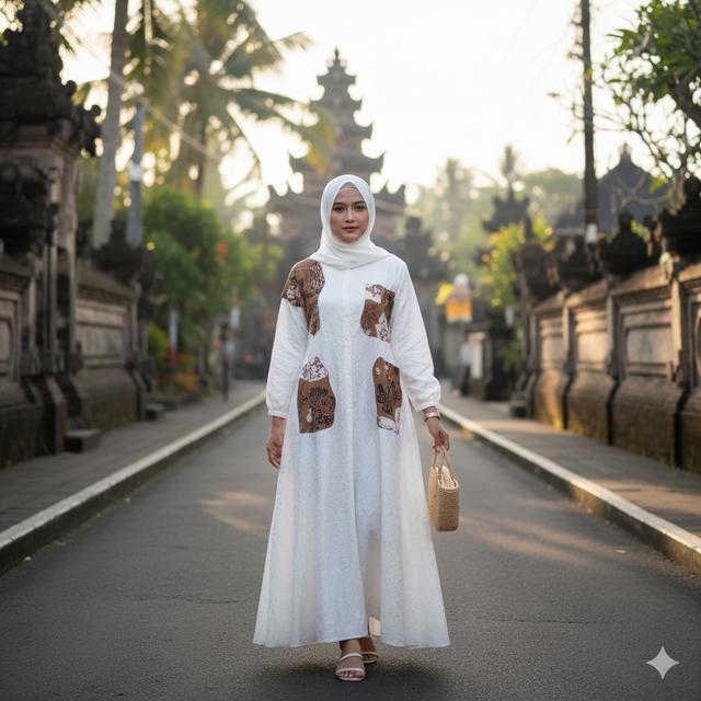 10 Model Gamis Putih Brokat dengan Aksen Batik Coklat Earthy Tone ...