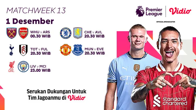 Jadwal dan Siaran Langsung Liga Inggris 2024/2025 Matchweek 13 di Vidio - On Off Liputan6.com