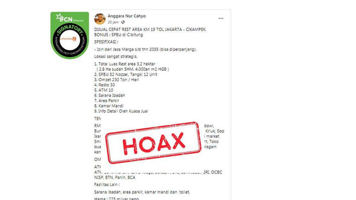 Cek Fakta: Tidak Benar Rest Area KM 19 Tol Jakarta-Cikampek Dijual Rp ...