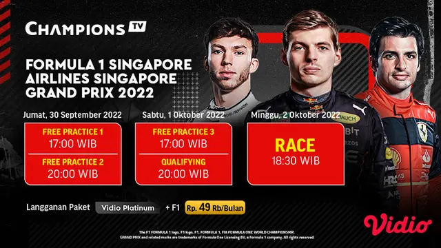 Jadwal dan Live Streaming F1 GP Singapura 2022 di Vidio, 30 September ...