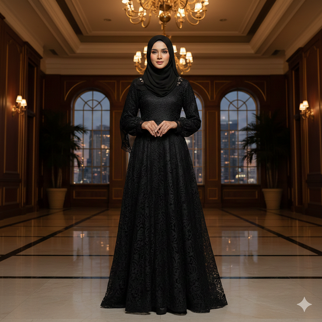 8 Model Gamis Hitam Syar'i dengan Kombinasi Lace 2025, Menawan untuk ...