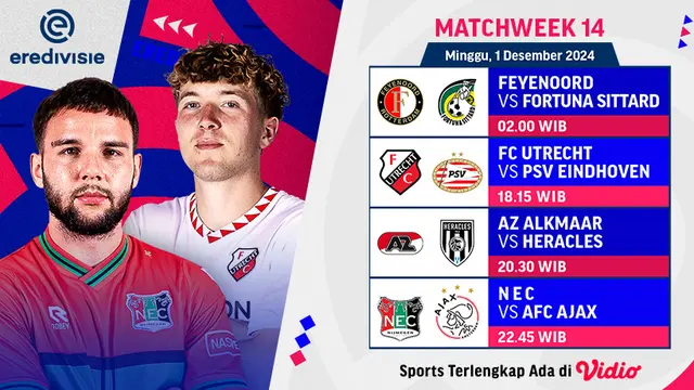 Jadwal dan Siaran Langsung Eredivisie 2024/2025 Matchweek 14 di Vidio - On Off Liputan6.com