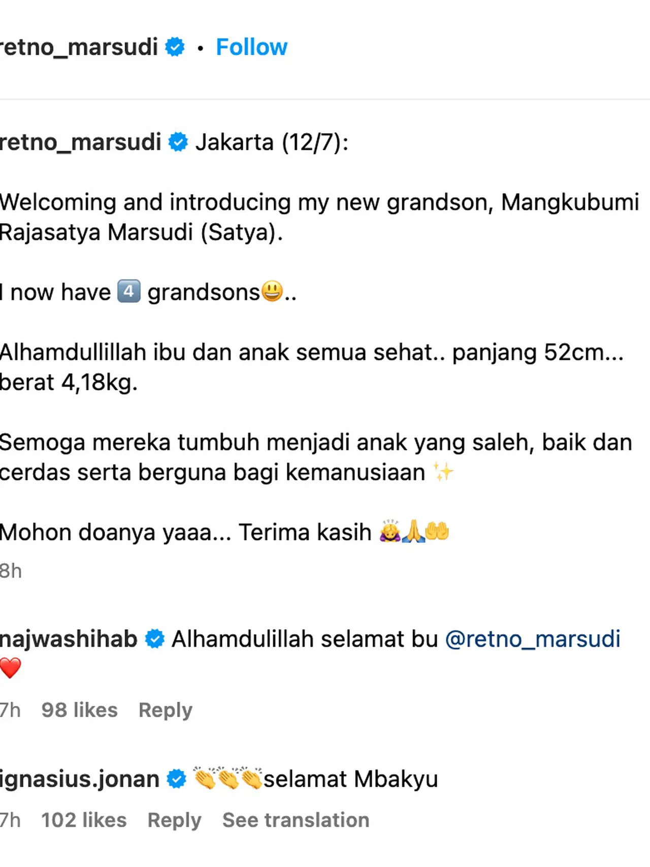 Retno Marsudi Dikaruniai Cucu Ke-4, Dapat Ucapan Selamat dari Najwa Shihab hingga Rosiana ...