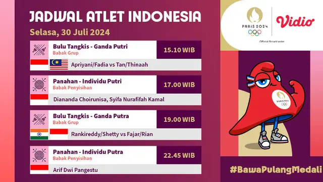 Jadwal Live Streaming Indonesia dan Olimpiade Paris 2024 di Vidio, 30 Juli 2024 - Ragam Bola.com