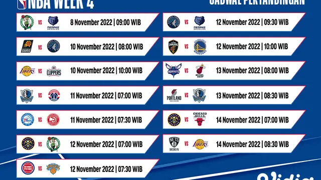 Jadwal dan Live Streaming NBA 2022/2023 Week 4 di Vidio, 8-14 November 2022 - Ragam Bola.com