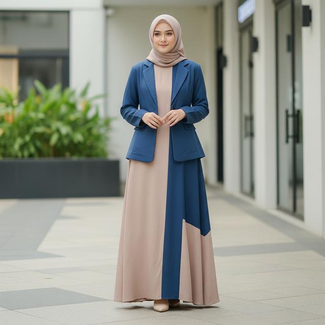 9 Model Gamis Two-Tone dengan Blazer Pendek, Modern dan Anggun di 2026