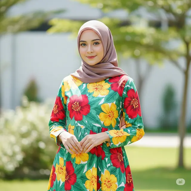 15 Model Gamis Bahan Katun Motif Bunga Terbaru 2025, Nyaman untuk ...