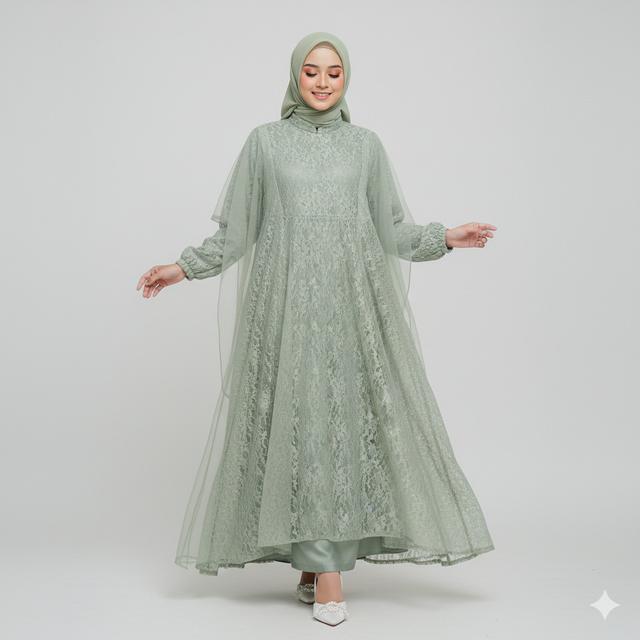8 Model Gamis Warna Sage Green dengan Detail Brokat Floral untuk Akad ...