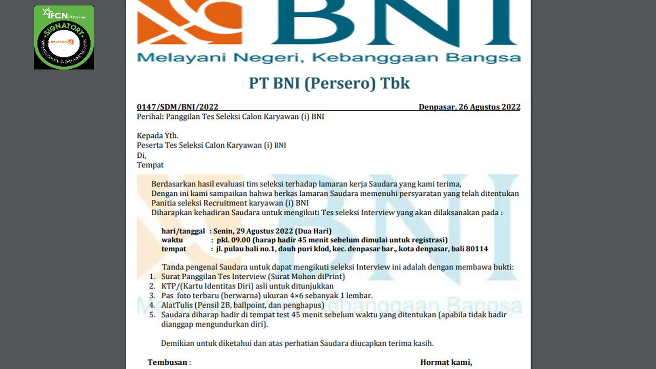 Cek Fakta: Hoaks Surat Pemanggilan Seleksi Calon Karyawan BNI di Denpasar 29 Agustus 2022 - Cek ...