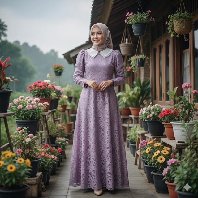 7 Model Gamis Brokat Lengan Balon Warna Lilac Trend Muslimah 2025 ...