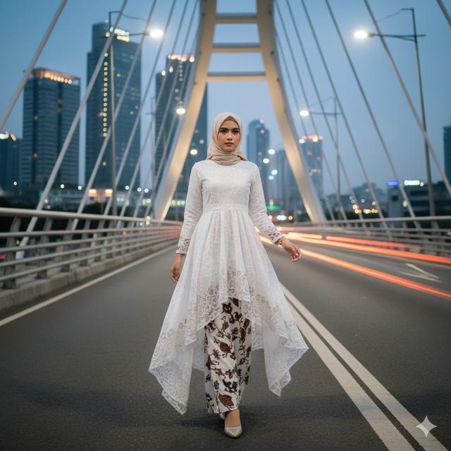 10 Model Gamis Putih Brokat dengan Aksen Batik Coklat Earthy Tone ...