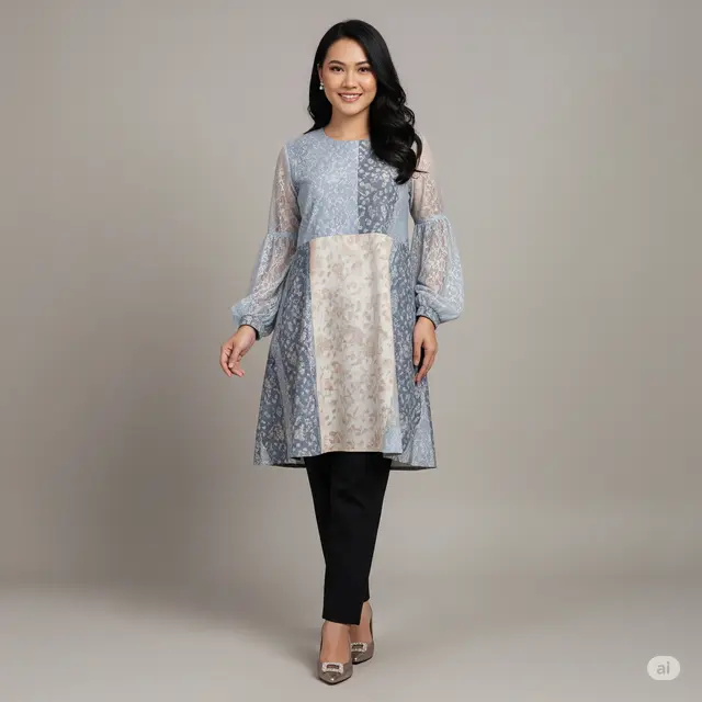 8 Model Tunik Batik Kombinasi Brokat Transparent Lengan Balon, Elegan ...