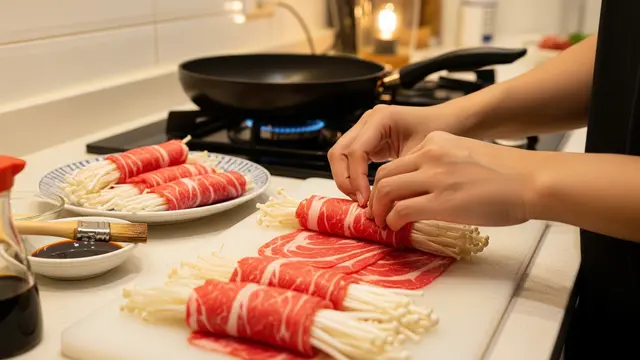 Cara Membuat Beef Enoki Roll Panggang Teflon Pakai Daging Kurban