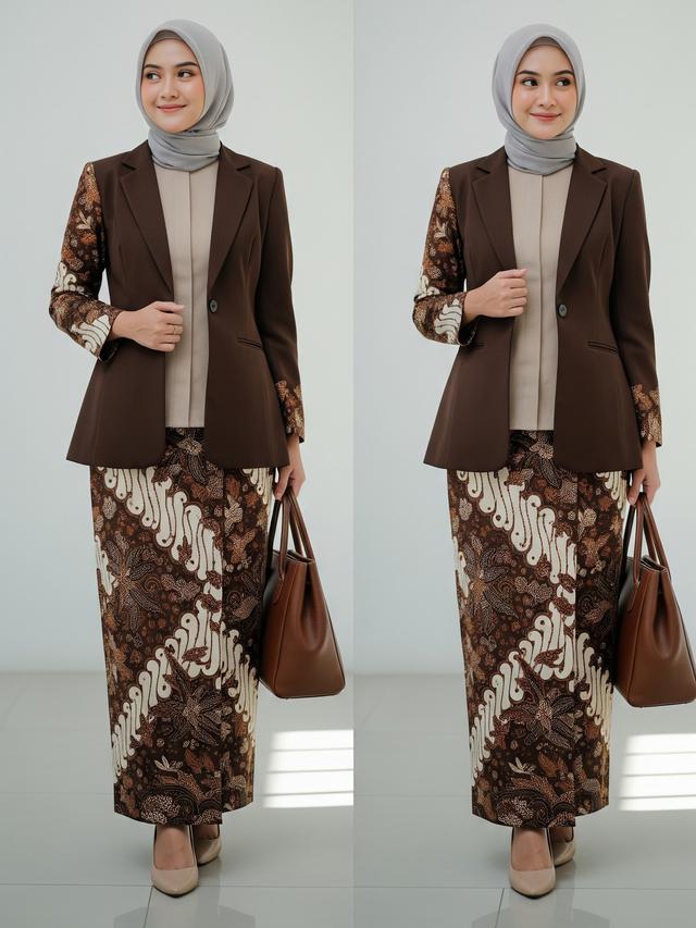 6 Model Gamis Batik Kombinasi Blazer Kantor yang Modis, Stylish untuk ...