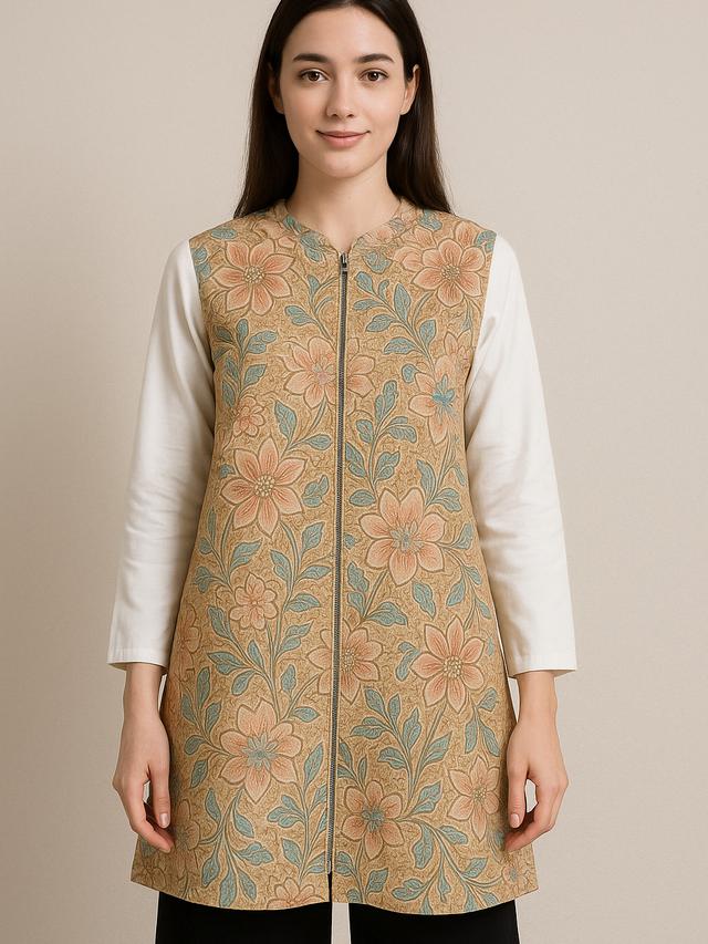 7 Model Tunik Batik Resleting Depan Kombinasi Lengan Panjang Polos