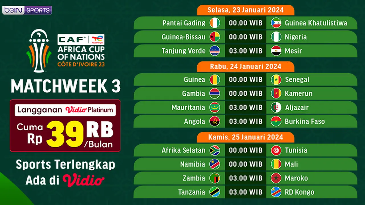 Jadwal Siaran Langsung Piala Afrika 2024 Matchweek 3 di Vidio Pekan Ini - Ragam Bola.com