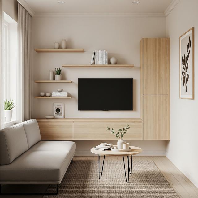 6 Ide Layout Ruang Tamu Sempit dengan Rak TV Tempel dan Lemari Tipis