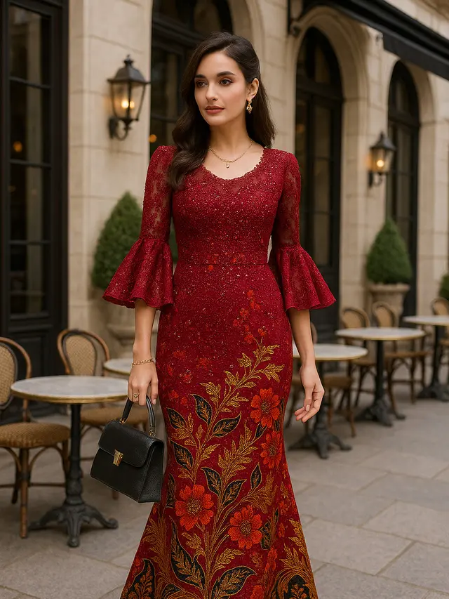 7 Pilihan Long Dress Batik Brokat Lengan Trompet, Mewah & Unik untuk ...