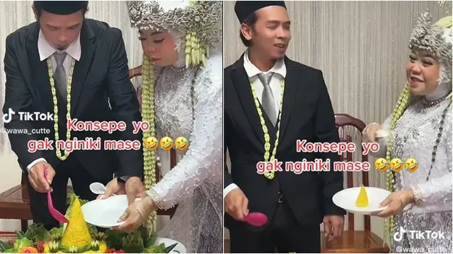 Viral Momen Pengantin Kesusahan Potong Tumpeng, Cara Akhirnya Bikin Ngakak - Hot Liputan6.com