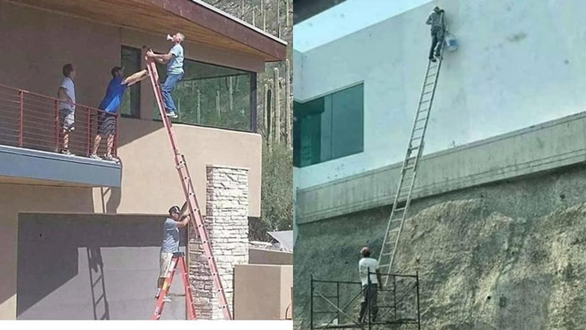 6 Potret Orang Kerja Sama Pakai Tangga Ini Bikin Deg-degan Lihatnya ...