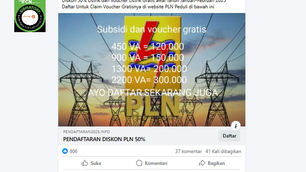 Cek Fakta: Tidak Benar Link Pendaftaran Pelanggan Diskon Listrik 50 Persen Periode Januari ...