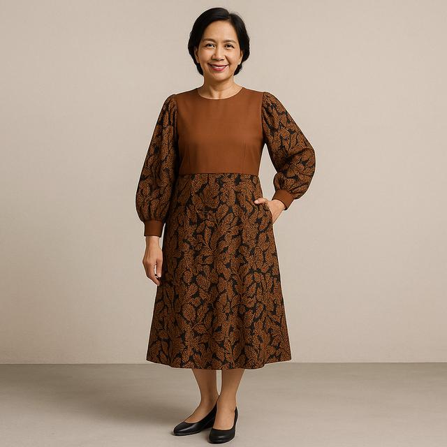 8 Model Dress Batik Kombinasi Polos Lengan Panjang untuk Ibu-Ibu 50 ...