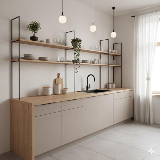 7 Inspirasi Dapur Kecil Modern dengan Rak Besi Terbuka dan Countertop Kayu
