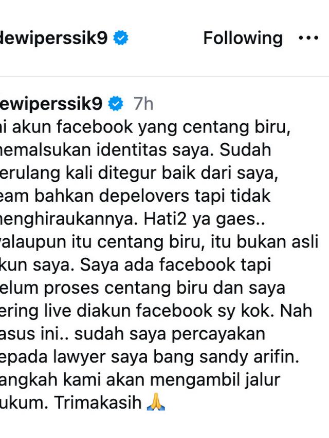 Dewi Perssik Peringatkan Pengguna Akun Facebook Centang Biru Atas ...