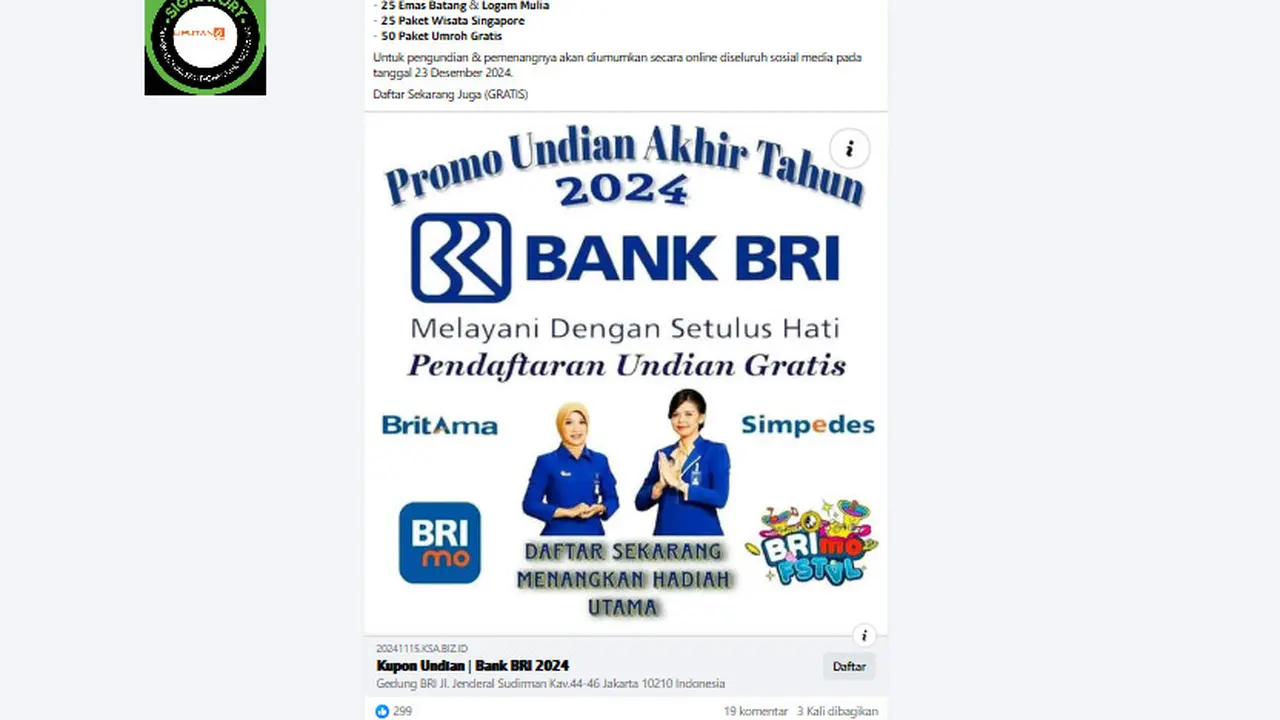 Cek Fakta: Pendaftaran Promo Undian Akhir 2024 dari BRI Ini Tidak Benar ...