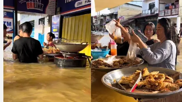 Viral Penjual Gorengan di Kabupaten Landak Ini Tetap Jualan Meski Terendam Banjir, Netizen: Real ...