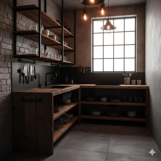 7 Inspirasi Dapur Kecil Modern dengan Rak Besi Terbuka dan Countertop Kayu