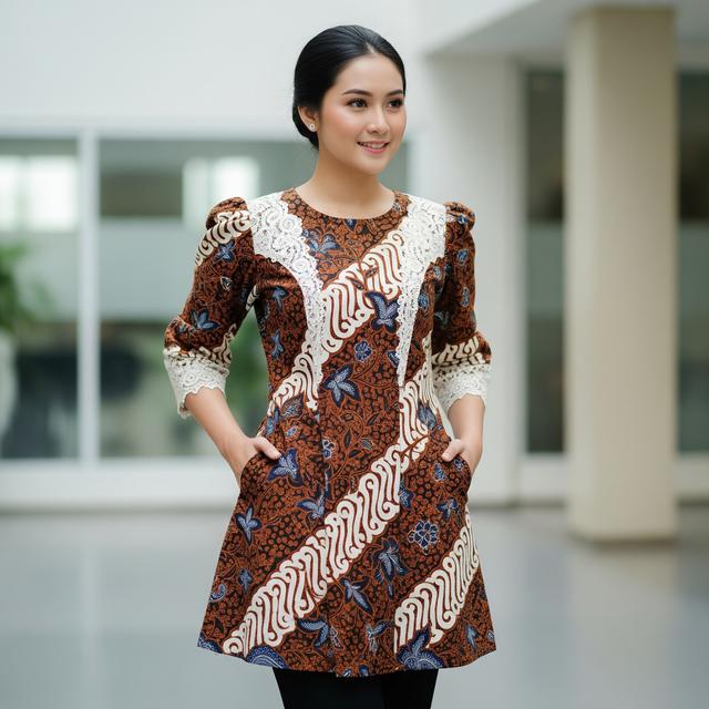 9 Model Tunik Batik Kombinasi Brokat Lengan Puff untuk Acara Semi ...
