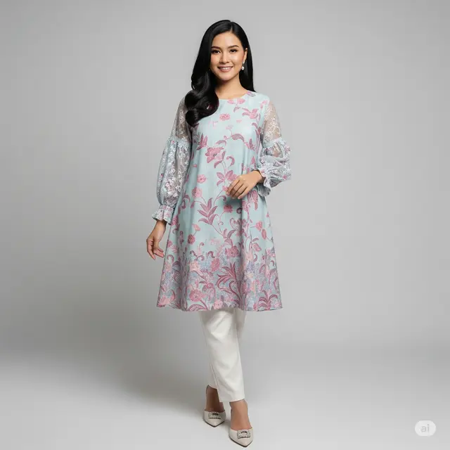 8 Model Tunik Batik Kombinasi Brokat Transparent Lengan Balon, Elegan ...
