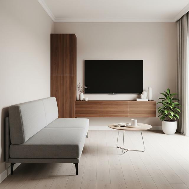 6 Ide Layout Ruang Tamu Sempit dengan Rak TV Tempel dan Lemari Tipis