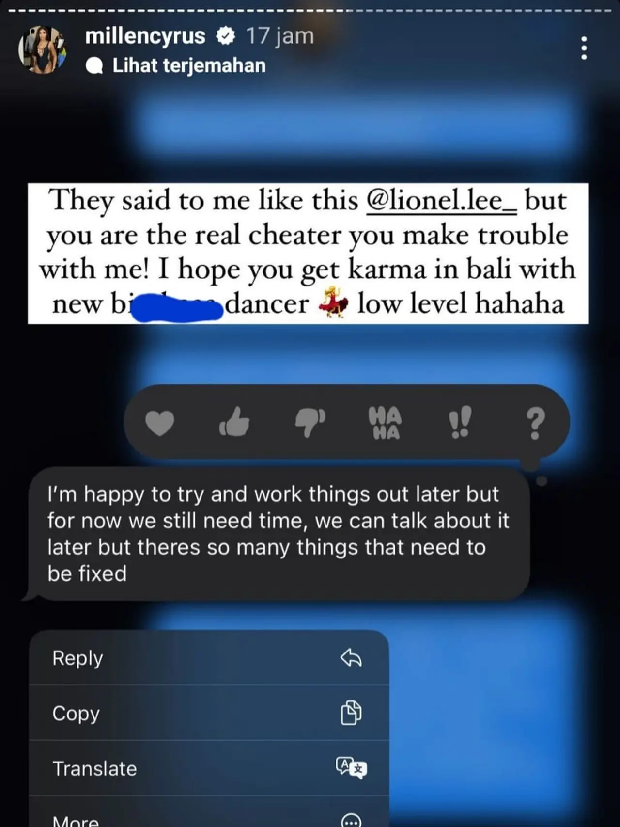 Apes Millen Cyrus Putus Cinta Setelah Tunangan, Tuding Lionel Lee Selingkuh dengan Penari ...