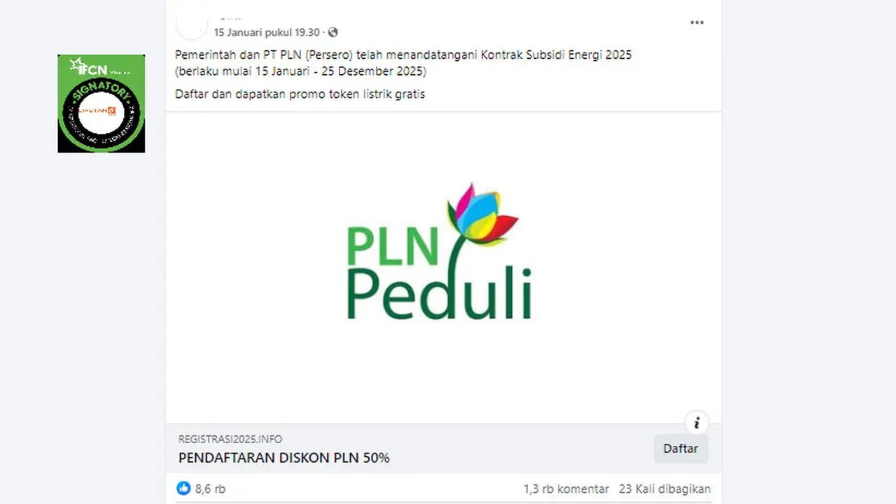 Cek Fakta: Link Pendaftaran Promo Token Listrik Gratis Ini Tidak Benar - Cek Fakta Liputan6.com