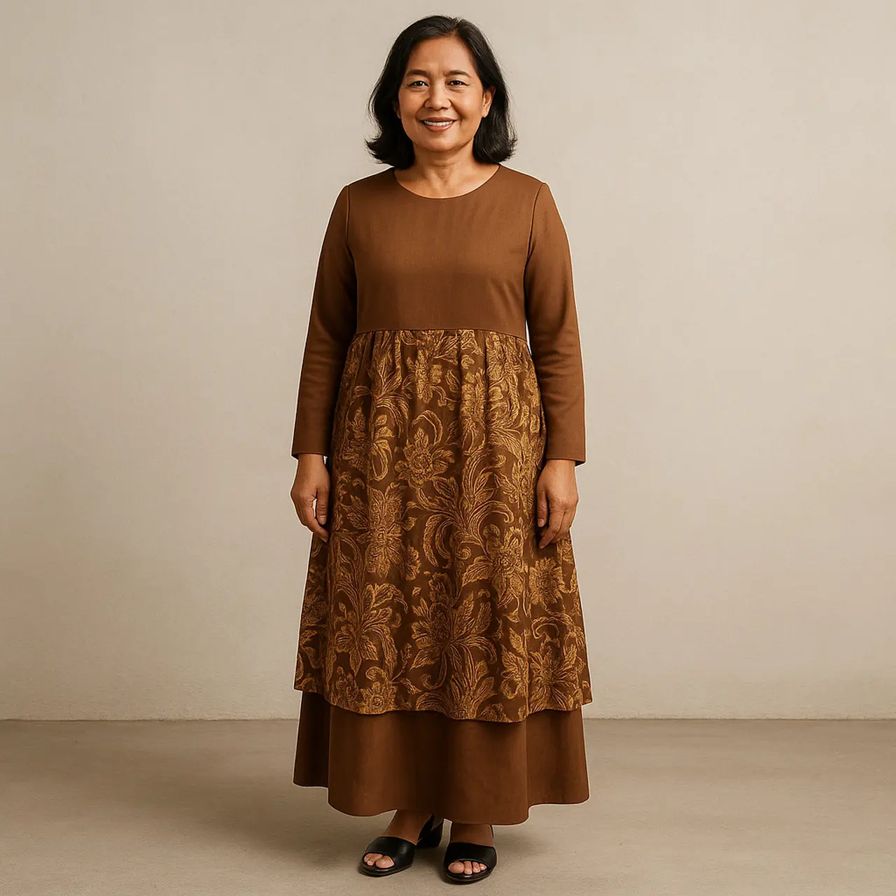 8 Model Dress Batik Kombinasi Polos Lengan Panjang untuk Ibu-Ibu 50 ...