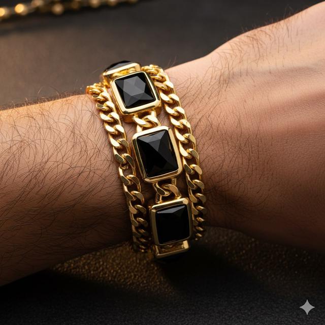 7 Rekomendasi Gelang Emas Pria Model Figaro Kombinasi Batu Onyx, Tampil ...
