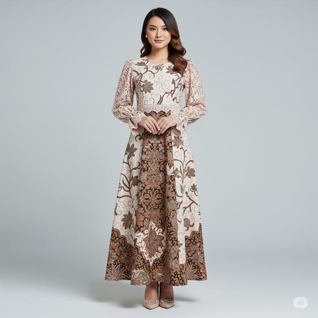 8 Model Batik Long Dress Kombinasi Brokat Lengan Puff untuk Tampilan Anggun