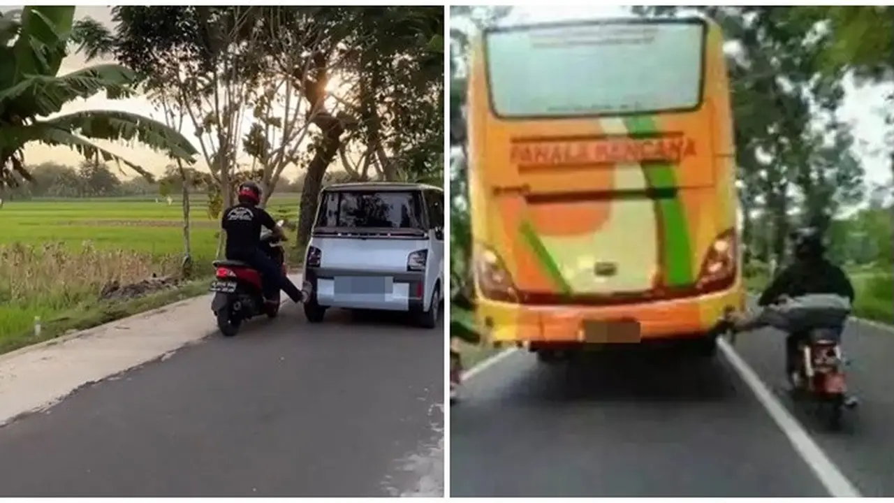 6 Potret Aksi Pemotor Dorong Mobil Mogok Pakai Kaki Ini Bikin Tepuk Jidat - Hot Liputan6.com