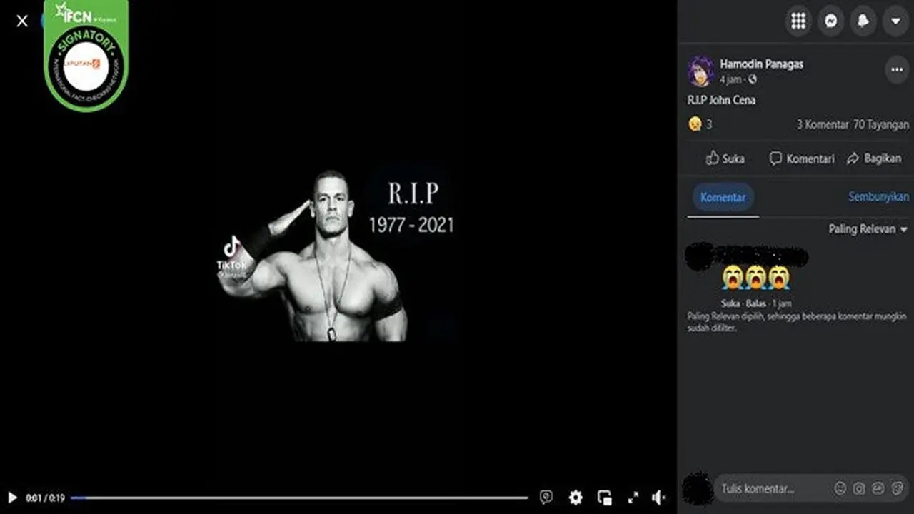 Cek Fakta: Hoaks Kabar John Cena Meninggal Dunia pada 18 Agustus 2021 - Cek Fakta Liputan6.com