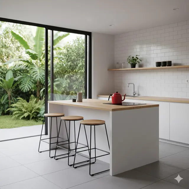 10 Dapur Minimalis Terbuka di Halaman Belakang dengan Keramik Polos ...