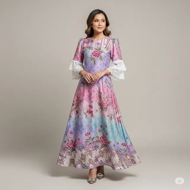 8 Model Batik Long Dress Kombinasi Brokat Lengan Puff untuk Tampilan ...
