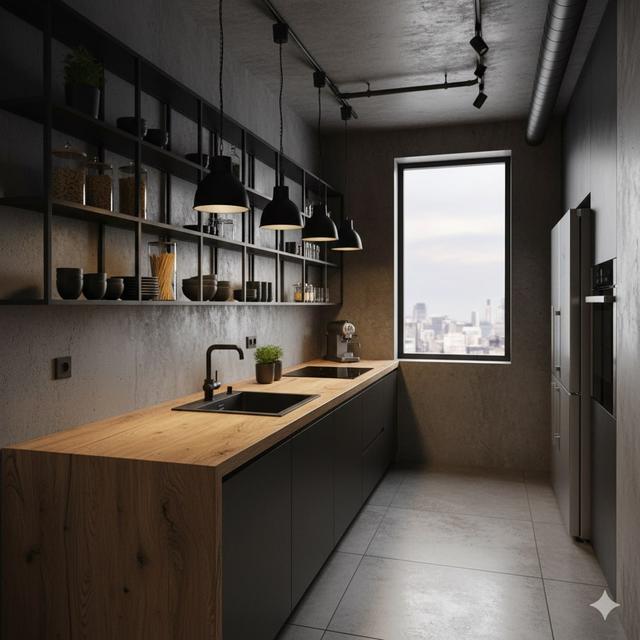 7 Inspirasi Dapur Kecil Modern dengan Rak Besi Terbuka dan Countertop Kayu