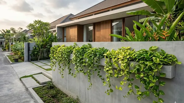 6 Ide Pagar Beton Ekspos dengan Sentuhan Tanaman Rambat, Fasad Rumah ...