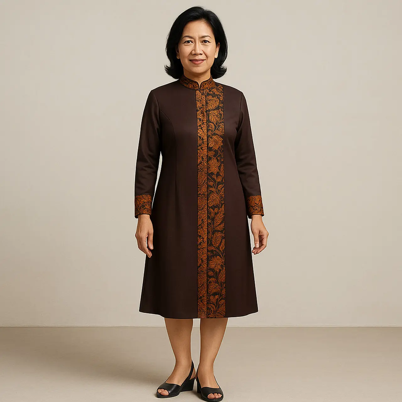 8 Model Dress Batik Kombinasi Polos Lengan Panjang untuk Ibu-Ibu 50 ...