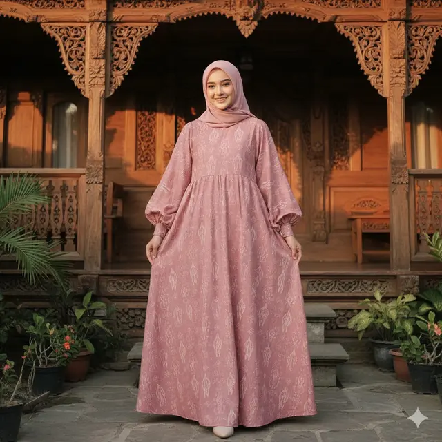 10 Model Gamis Batik Lengan Balon Warna Dusty Pink untuk Acara Keluarga ...