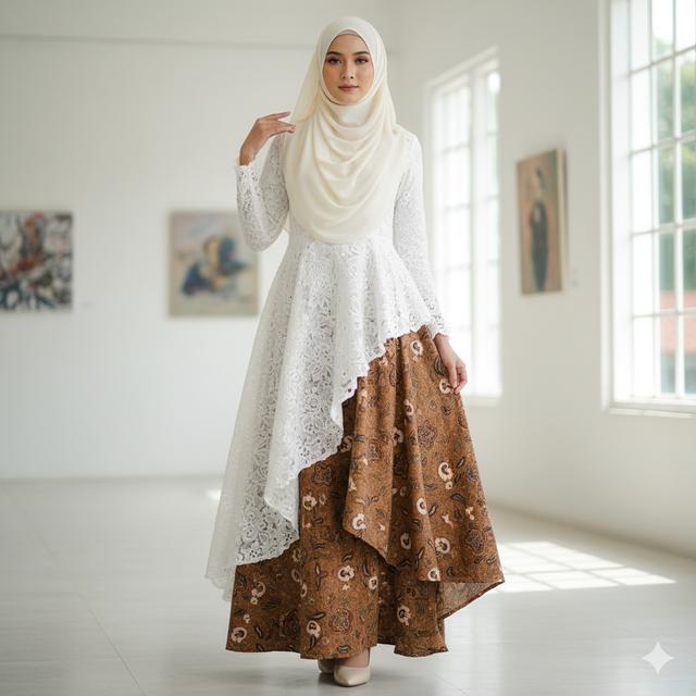 10 Model Gamis Putih Brokat dengan Aksen Batik Coklat Earthy Tone ...