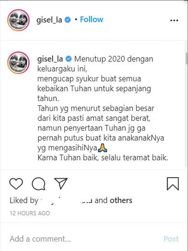 Gisel Menutup Tahun 2020 dengan Mengucap Syukur - ShowBiz Liputan6.com