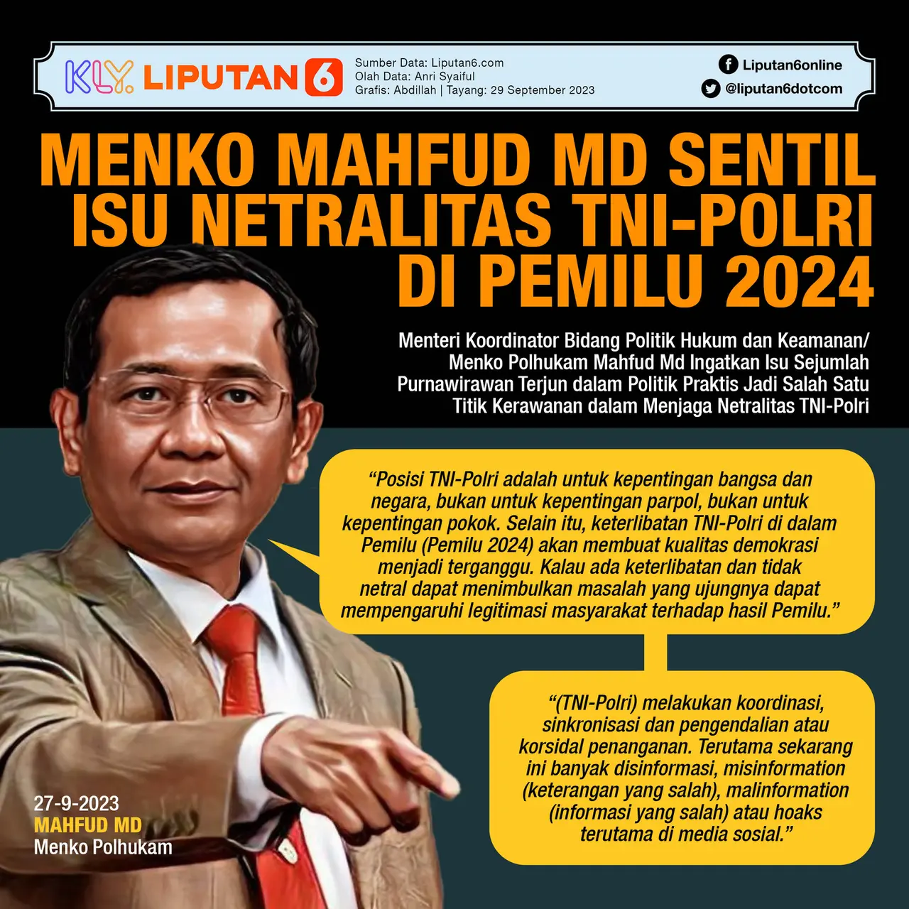 Infografis Menko Mahfud Md Sentil Isu Netralitas TNI-Polri di Pemilu 2024 - News Liputan6.com